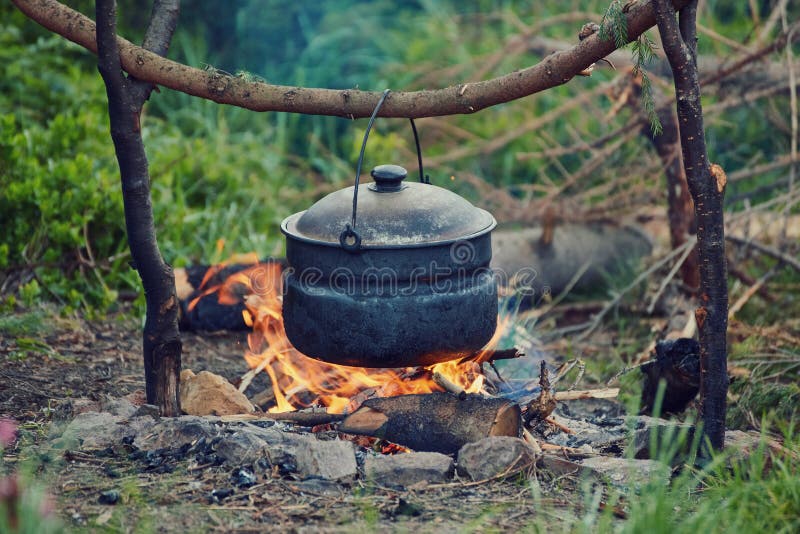Cooking in Field Conditions, Boiling Pot at the Campfire Stock Image ...