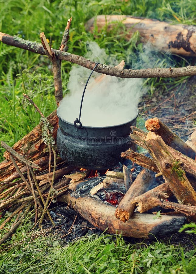 Cooking in Field Conditions, Boiling Pot at the Campfire Stock Image ...