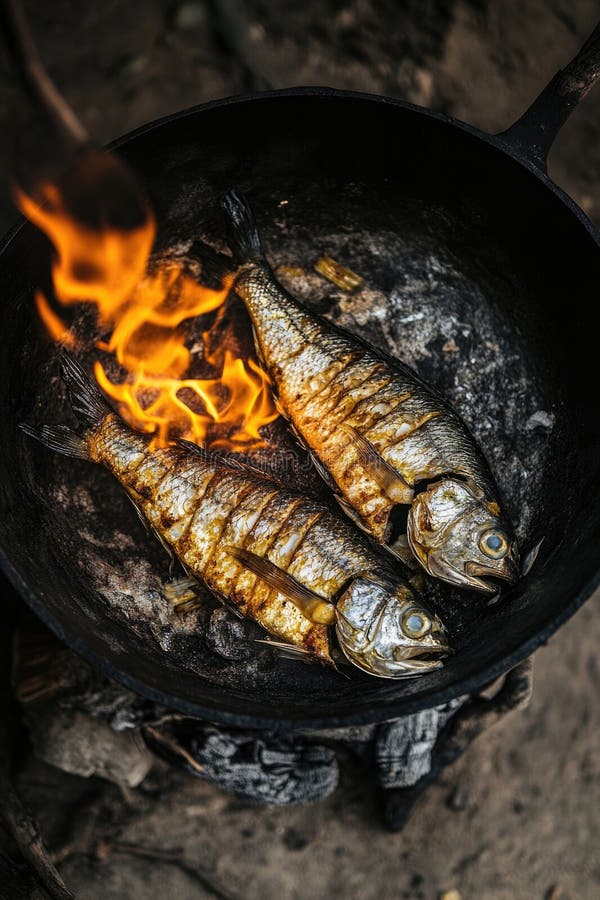 Cooking fish by fire stock image. Image of main, fish - 381901397