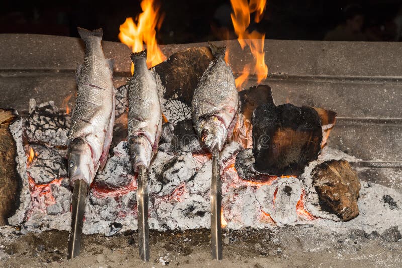 Cooking Fish Grilled Over Hot Coals Bonfire Stock Photo - Image of ...