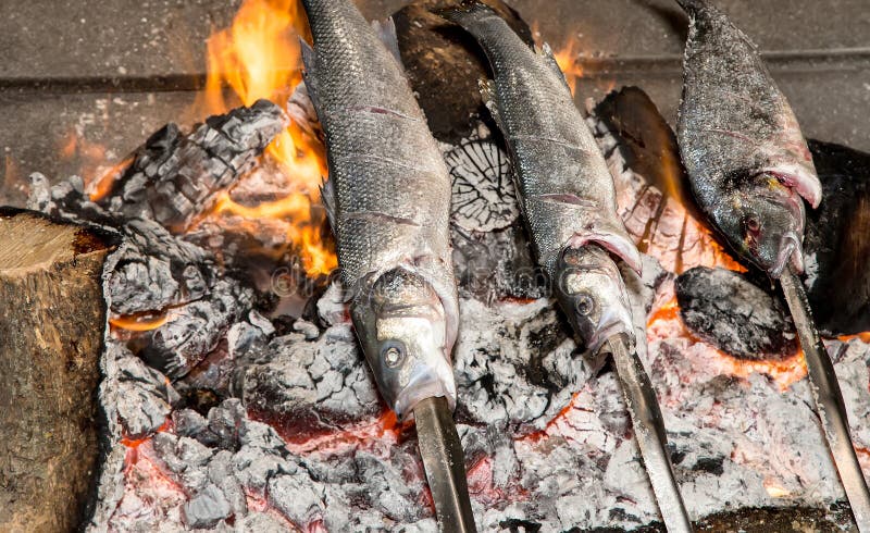 Cooking Fish Grilled Over Hot Coals Bonfire Stock Image - Image of ...