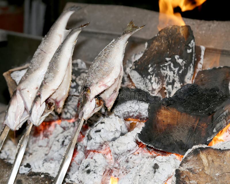 Cooking Fish Grilled Over Hot Coals Bonfire Stock Photo - Image of heat ...