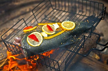 Cooking Fish Over Open Fire Stock Photo - Image of bass, freshwater ...