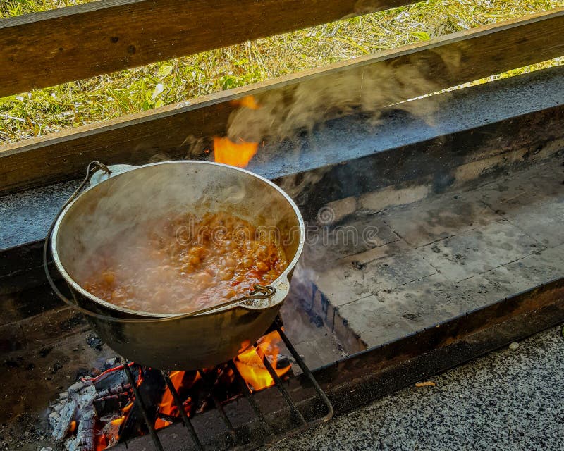 Cooking Food in Cauldron on Open Fire Stock Image - Image of gastronomy ...