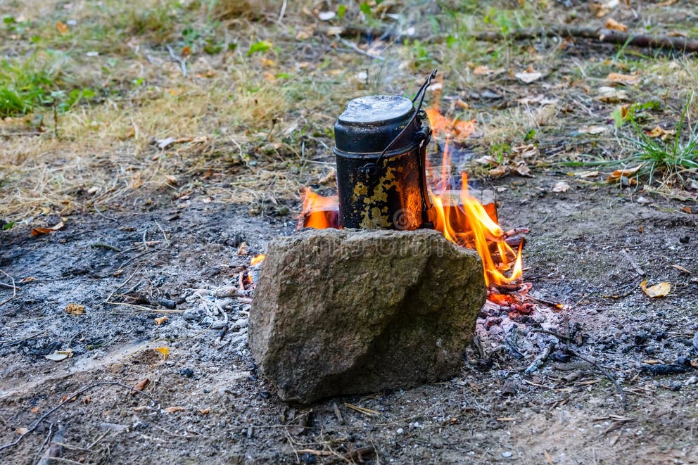 Cooking Food in a Kettle on Bonfire Stock Image - Image of kitchen ...