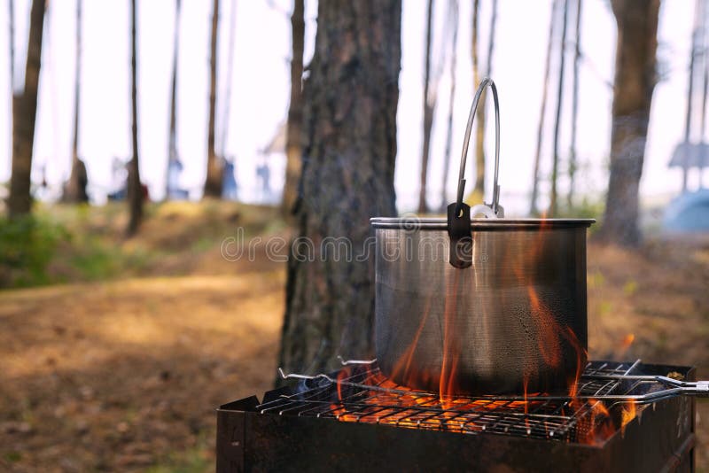 Cooking Food in Pot an Open Fire during Camp of Mountain Hike Stock ...