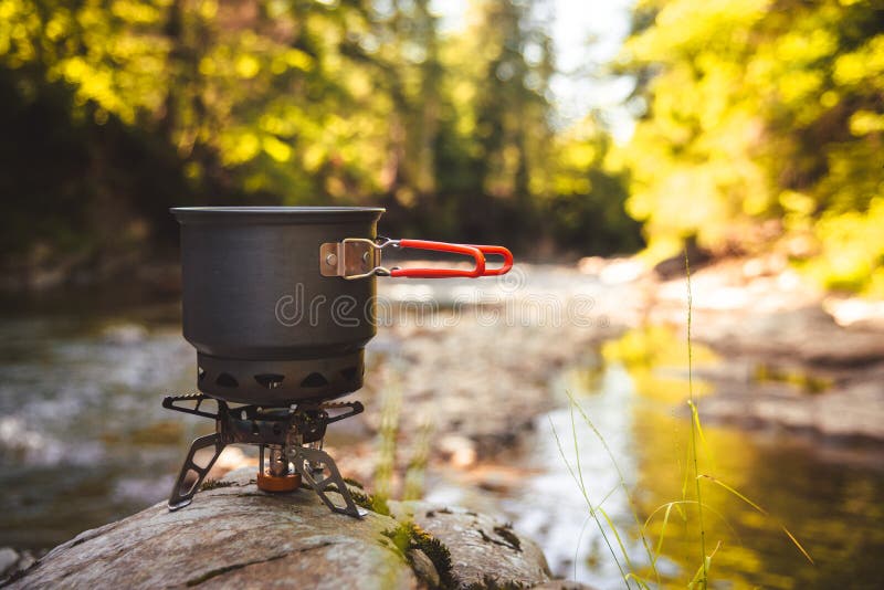 Cooking Food Using Camping Gas during the Hike. Stock Image - Image of ...