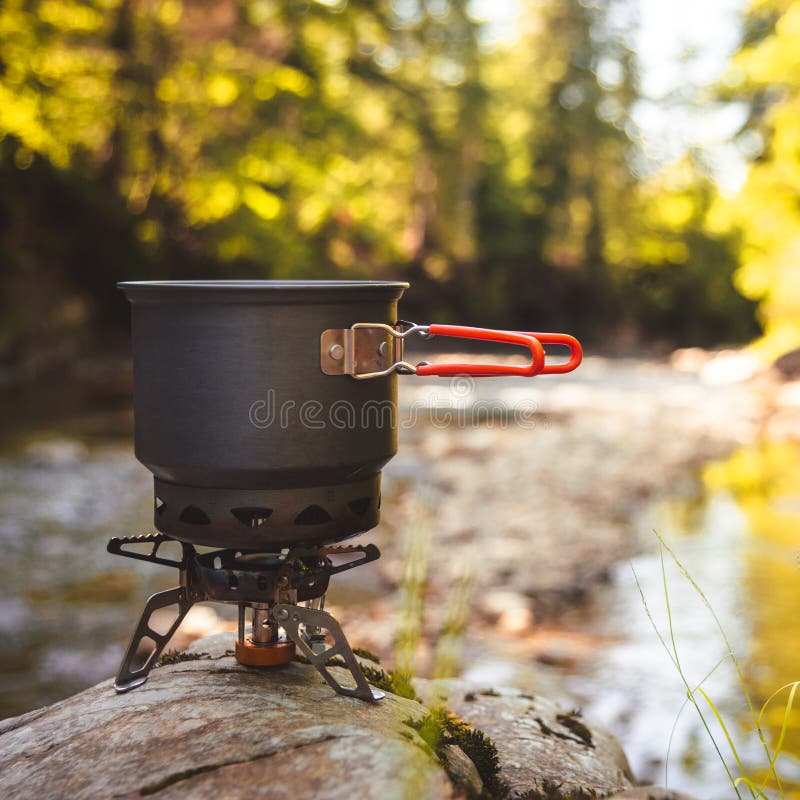Cooking Food Using Camping Gas during the Hike. Stock Image - Image of ...