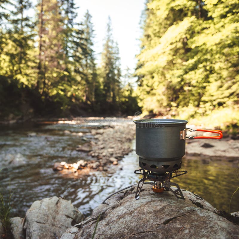 Cooking Food Using Camping Gas during the Hike. Stock Image - Image of ...