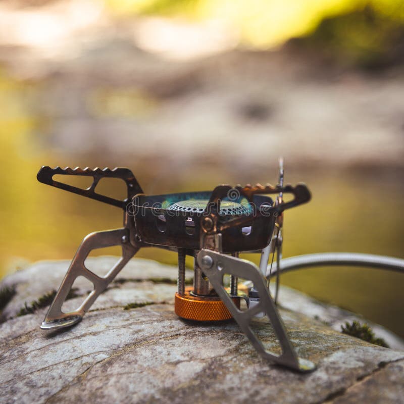 Cooking Food Using Camping Gas during the Hike. Stock Image - Image of ...