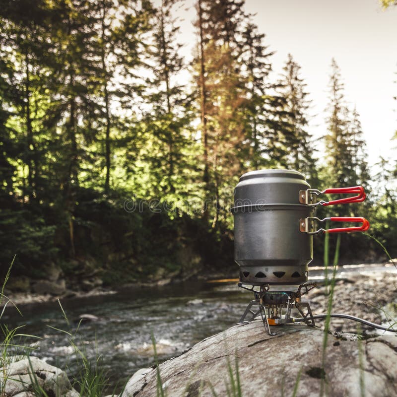 Cooking Food Using Camping Gas during the Hike. Stock Photo - Image of ...