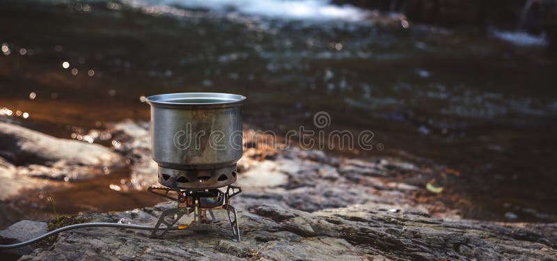 Cooking Food Using Camping Gas during the Hike. Stock Image - Image of ...