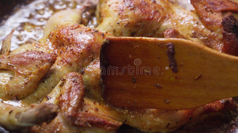 Cooking Fried Chicken with Golden Crispy Crust in Frying Pan. Stock ...