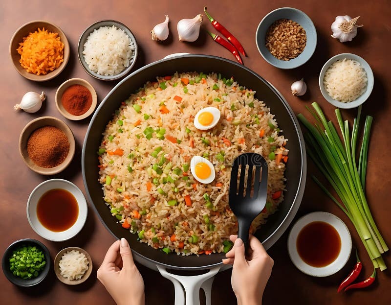 Cooking Fried Rice with Vegetables and Egg in Pan Stock Illustration ...