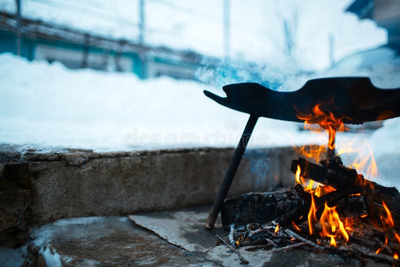 Cooking in Frying Pan on Open Fire, Winter Day Stock Image - Image of ...