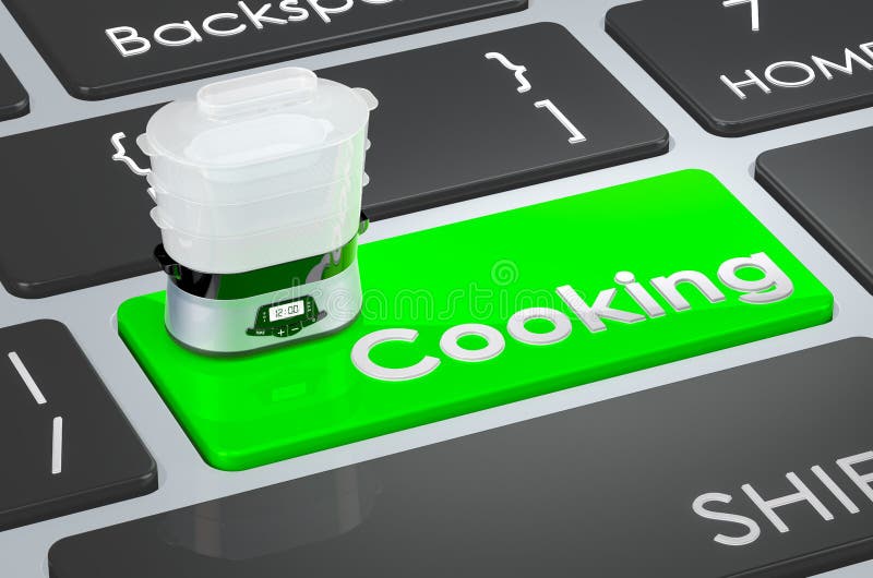 Cooking Green Key. Food Steamer on Keyboard. 3D Rendering Stock ...