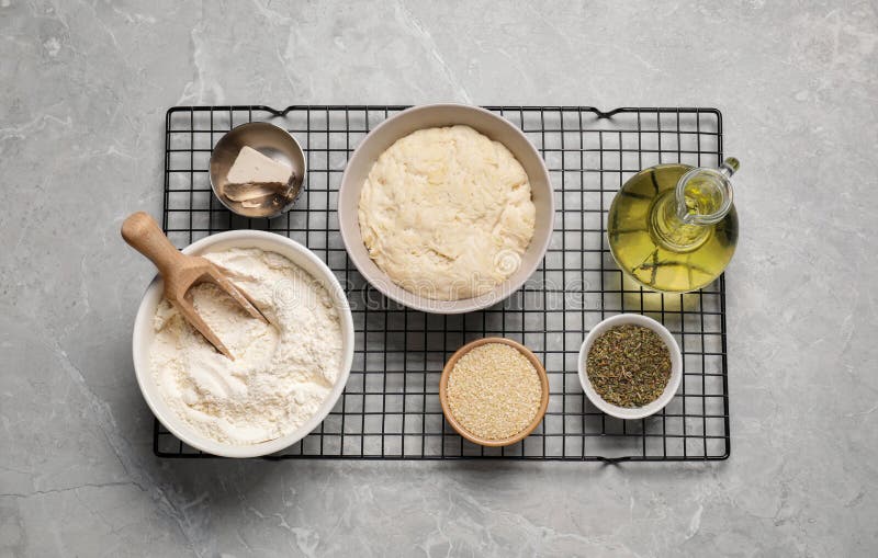 Cooking Grissini. Different Ingredients on Grey Marble Table, Flat Lay ...