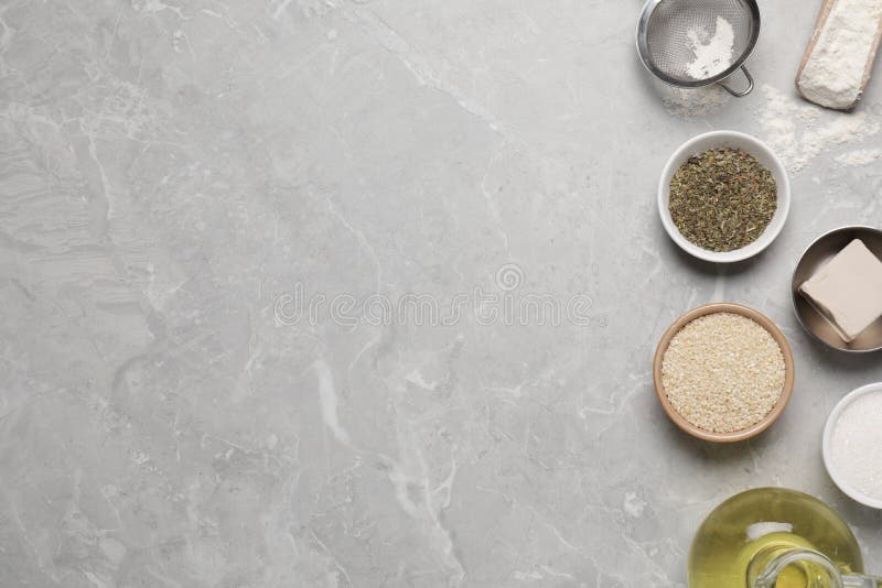 Cooking Grissini. Different Ingredients on Grey Marble Table, Flat Lay ...