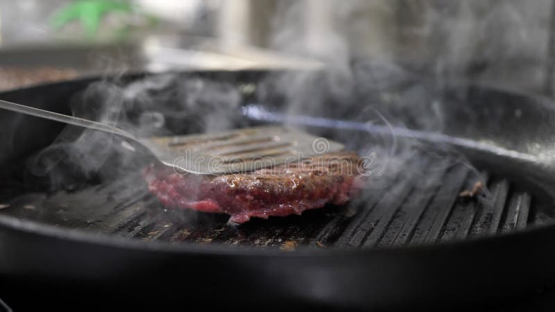 Cooking a Hamburger Patty on a Grill Pan Stock Video - Video of lunch ...