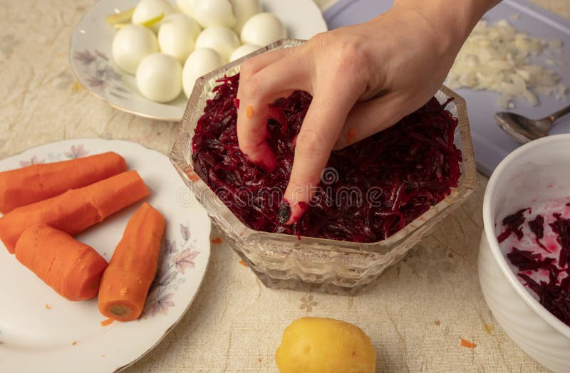 Cooking Herring Under a Fur Coat in the Kitchen Stock Photo - Image of ...