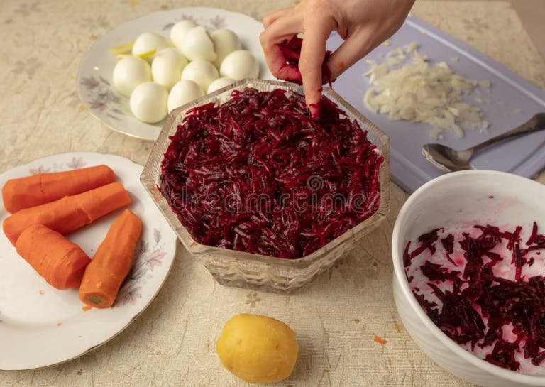 Cooking Herring Under a Fur Coat in the Kitchen Stock Photo - Image of ...