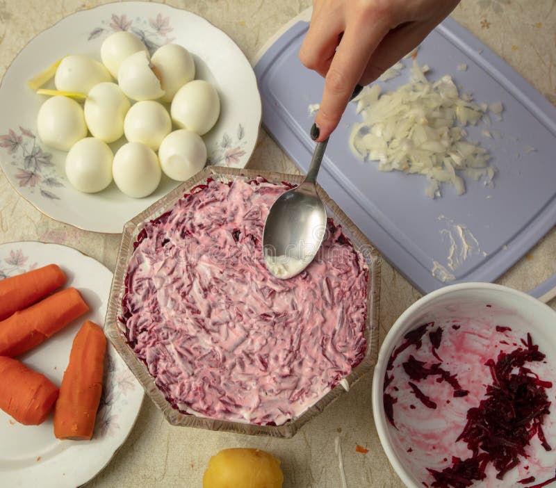 Cooking Herring Under a Fur Coat in the Kitchen Stock Photo - Image of ...
