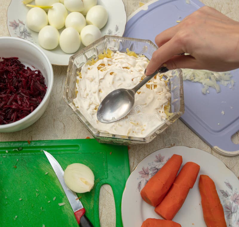 Cooking Herring Under a Fur Coat in the Kitchen Stock Image - Image of ...