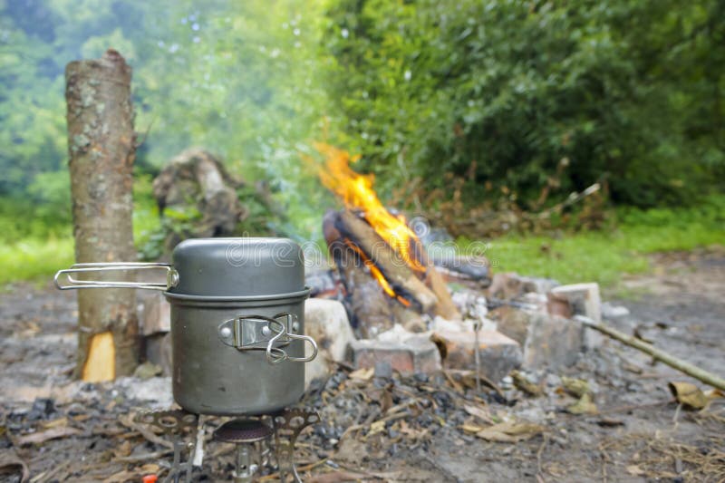 Cooking on a Hike, Cooking Tea Over a Fire Stock Photo - Image of ...