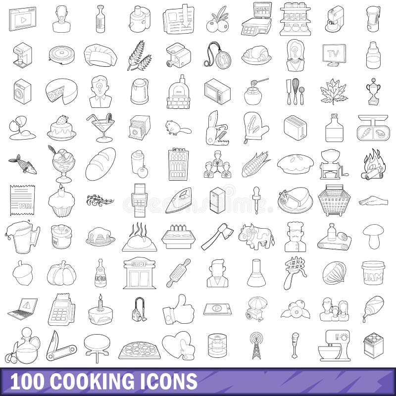 100 Cooking Icons Set, Outline Style Stock Vector - Illustration of ...