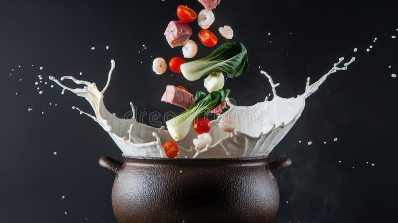 Cooking Ingredients in Black Pot with Spilling Liquid for Dynamic ...