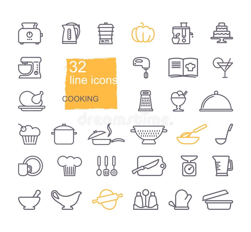 Cooking and Kitchen Icon Set, Flat Design, Thin Line Style Stock Vector ...