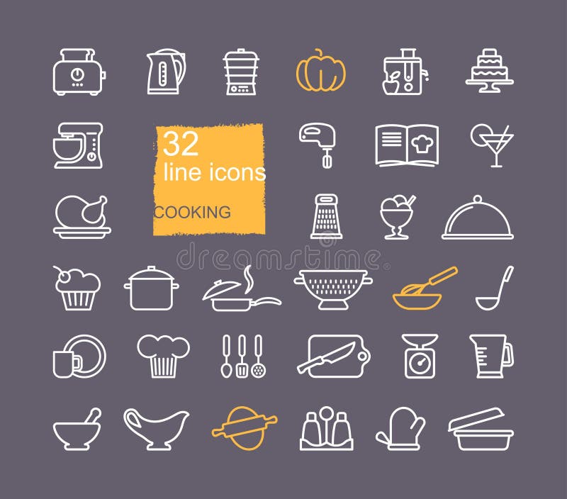 Cooking and Kitchen Icon Set, Flat Design, Thin Line Style Stock Vector ...