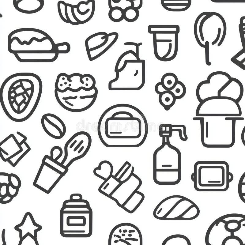 Cooking and Kitchen-themed Seamless Pattern Featuring Outlined Icons ...