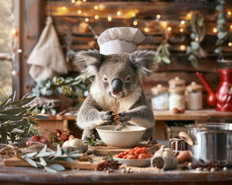 A Cooking Koala in a Chefs Hat Preparing Eucalyptusinspired Dishes in a ...