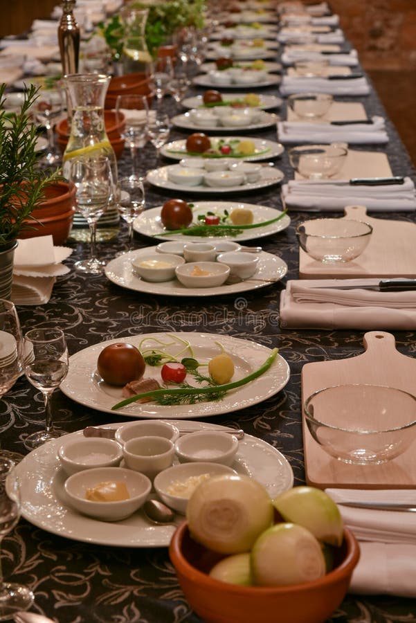 Cooking Lesson Table Setting Stock Photo - Image of cater, cutlery ...