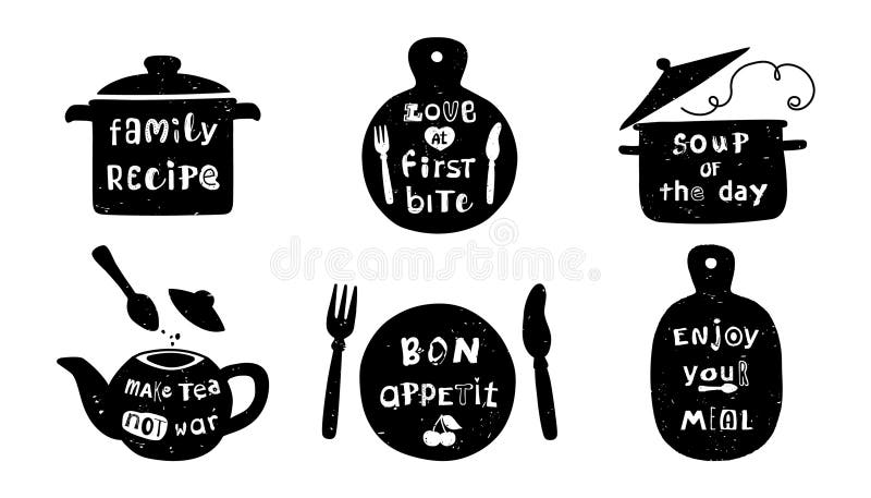 Cooking Letterng for Kitchen and Restaurants. Black Vector Labels with ...