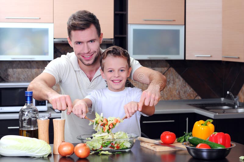 Portrait of a Happy Father Cooking with His Son Stock Photo - Image of ...