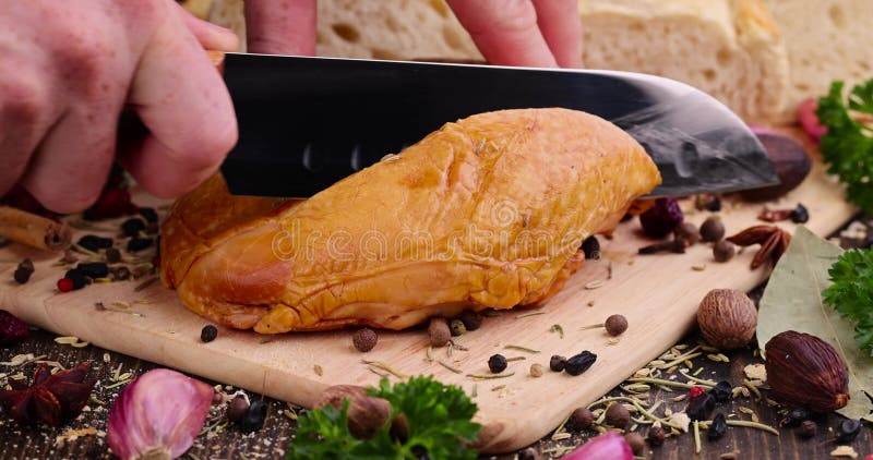 Cooking a Meat Dish Using Smoked Chicken Breast Stock Video - Video of ...