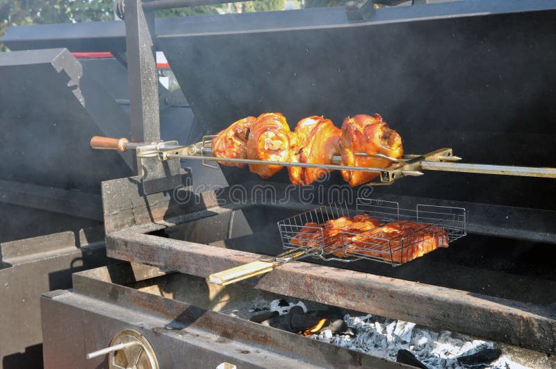 Cooking Meat on a Fire with a Skewer and Wire Rack. Barbecue Stock ...