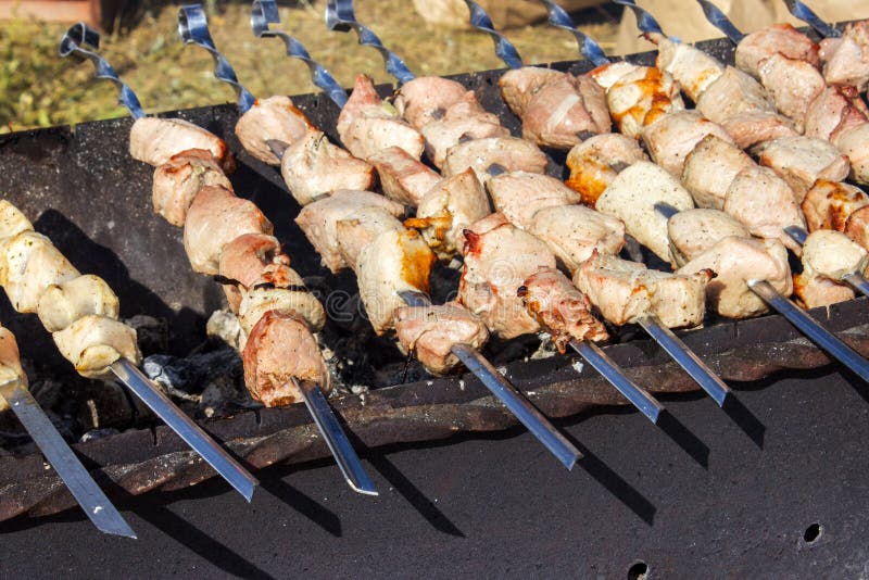 Cooking Meat on the Fire Top View Stock Photo - Image of grilled ...