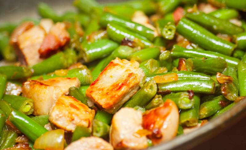 Cooking Meat with Green Beans in Pan Stock Image - Image of freshness ...