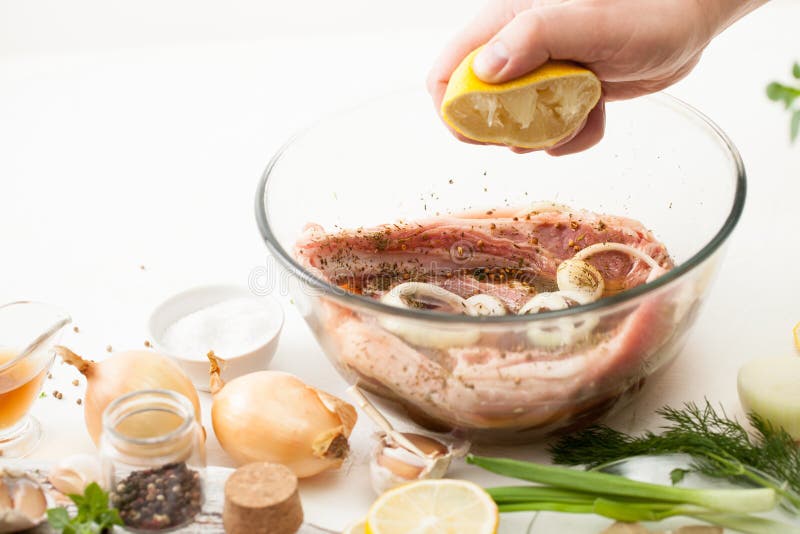 Cooking Meat Marinade on Kitchen White Table Stock Photo - Image of ...