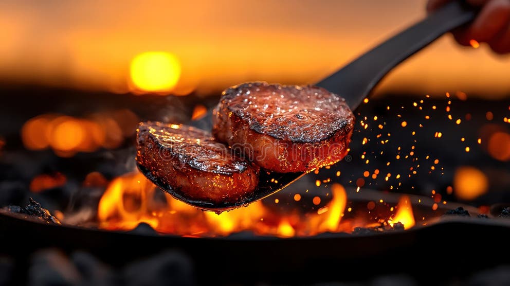Cooking Meat Over Open Fire in Cast Iron Skillet Stock Illustration ...