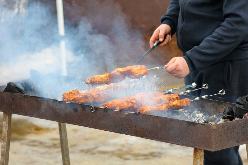 Cooking Meat Skewers on Skewers on the Grill Stock Image - Image of ...
