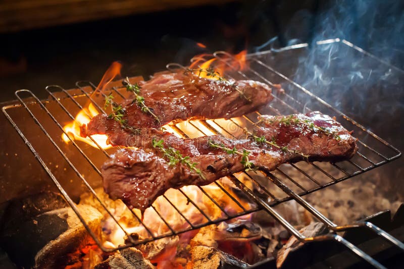 Cooking Meat Steaks on the Fire on the Grill at Night Close-up Stock ...