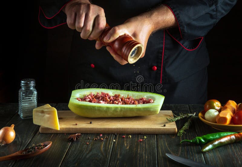 Cooking the National Dish Boat from Minced Meat and Zucchini. Adding ...