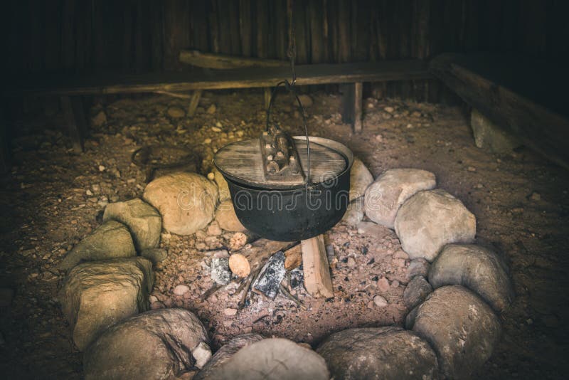 Cooking on an Open Fire. Old Fire Pit Stock Image - Image of cauldron ...