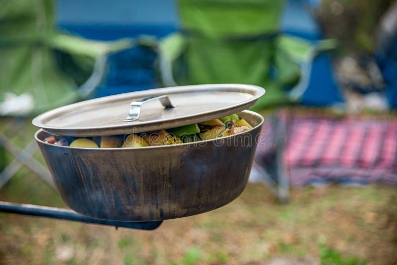 Cooking Over a Campfire with Stewed Food Stock Image - Image of meat ...