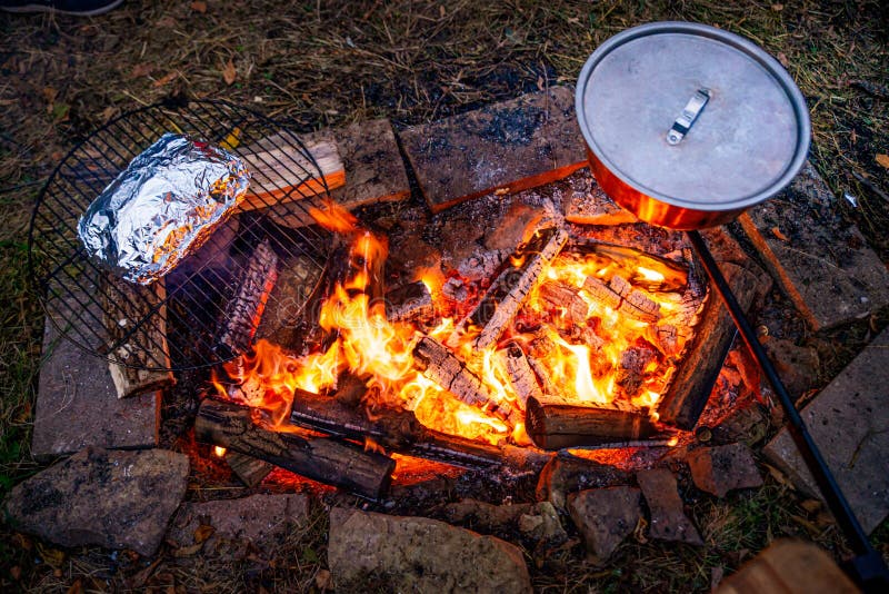 Cooking Over a Campfire with Stewed Food Stock Photo - Image of camp ...