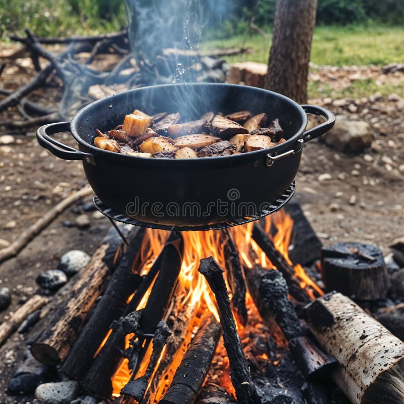 Cooking Over a Fire in Nature Stock Illustration - Illustration of camp ...